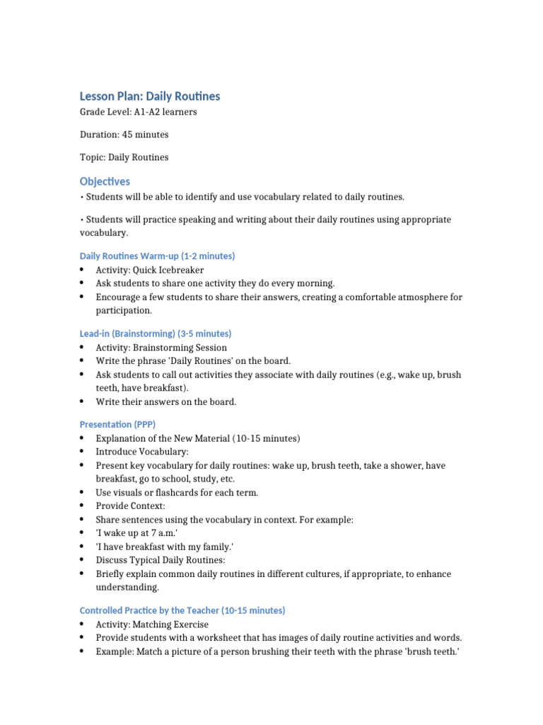 Daily Routines Lesson Plan | PDF