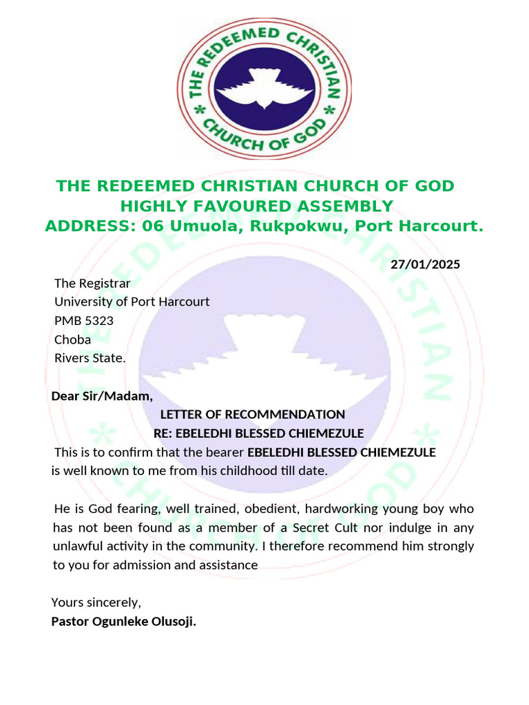 The Redeemed Christian Church of God Reference Letter | PDF