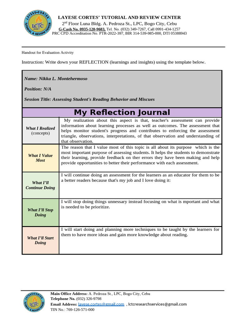 Reflection on Student Reading Assessment | PDF