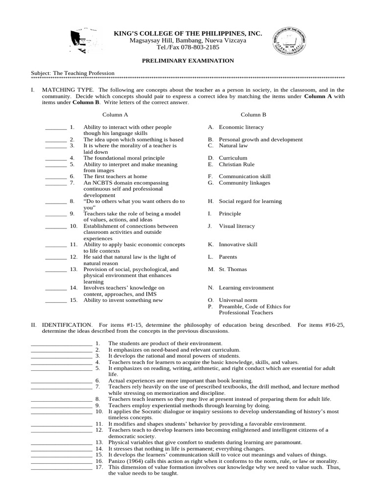 2022 PRELIM EXAM Teaching Profession | PDF | Learning | Teachers
