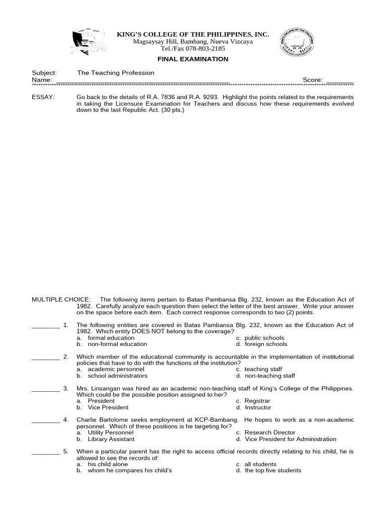 Teaching Profession Exam Overview | PDF | Teachers