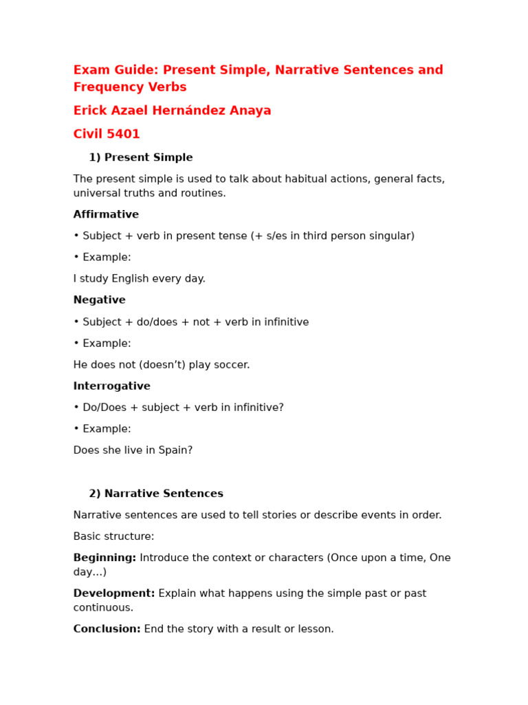 Present Simple & Narrative Sentence Guide | PDF