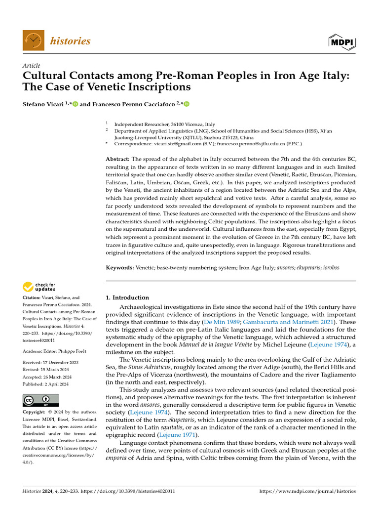 Cultural Contacts Among Pre-Roman Peoples in Iron Age Italy: The Case ...