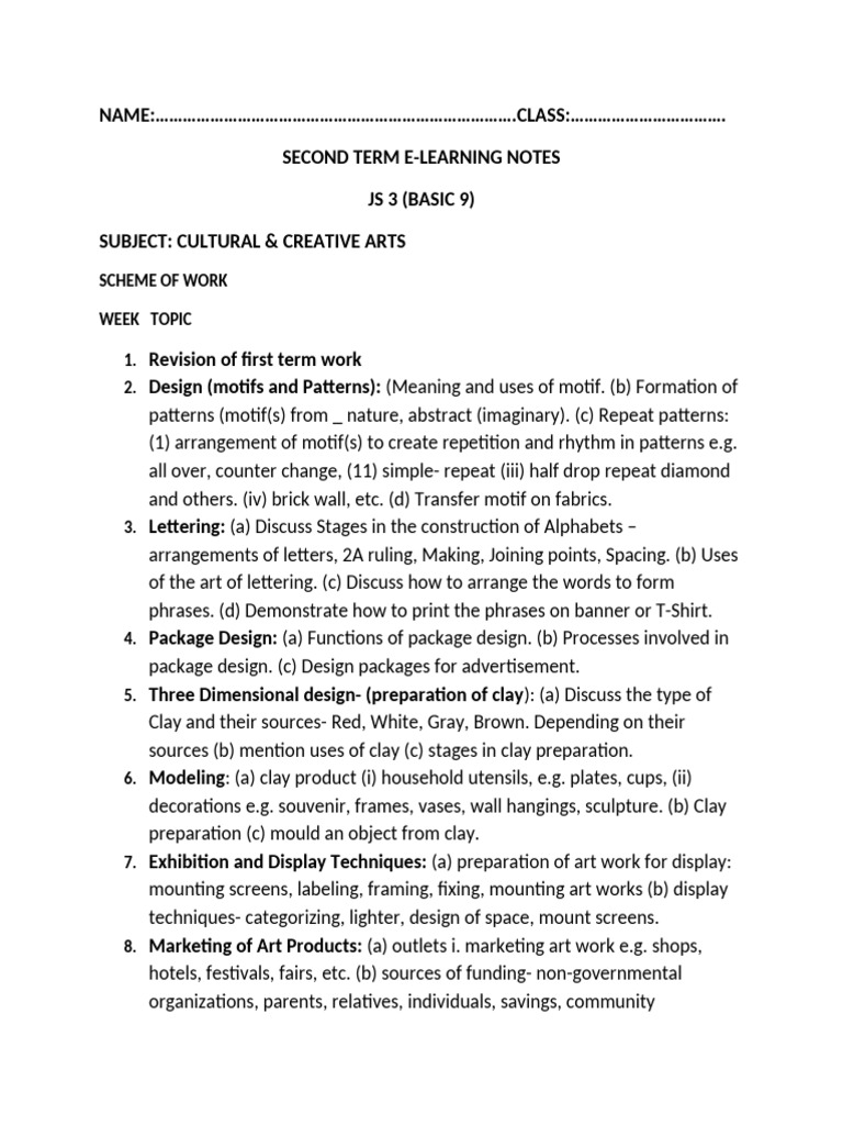 BASIC 9 CREATIVE ARTS 2ND TERM E-NOTES | PDF | Knitting | Crochet