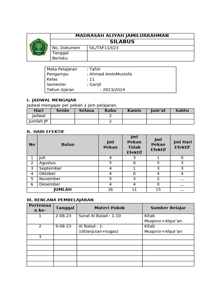 Silabus MA Jamilurrahman TA. 2023-2024 Ganjil-Genap | PDF