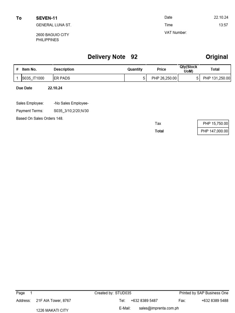 Delivery Note for ER Pads Order | PDF