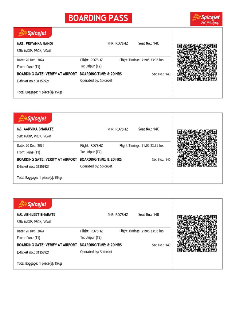 SpiceJet Boarding Pass RD7SHZ | PDF