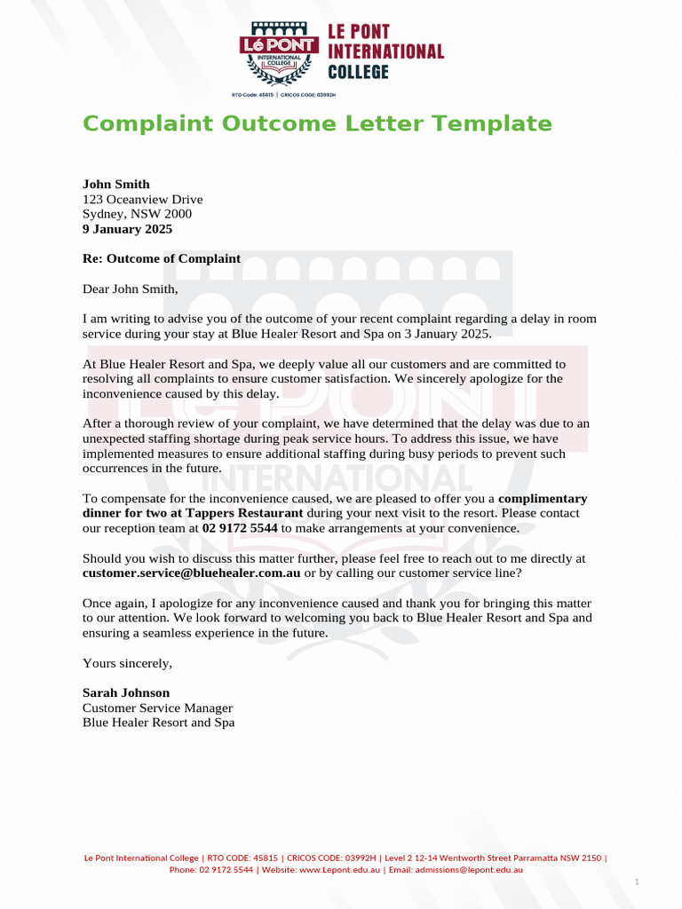 SITXCCS015 Complaint Outcome Letter Template | PDF
