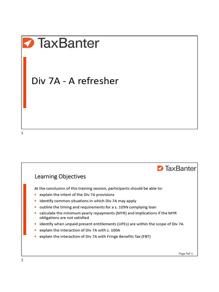 Div 7A - A Refresher (v001) SLIDES | PDF | Dividend | Debt