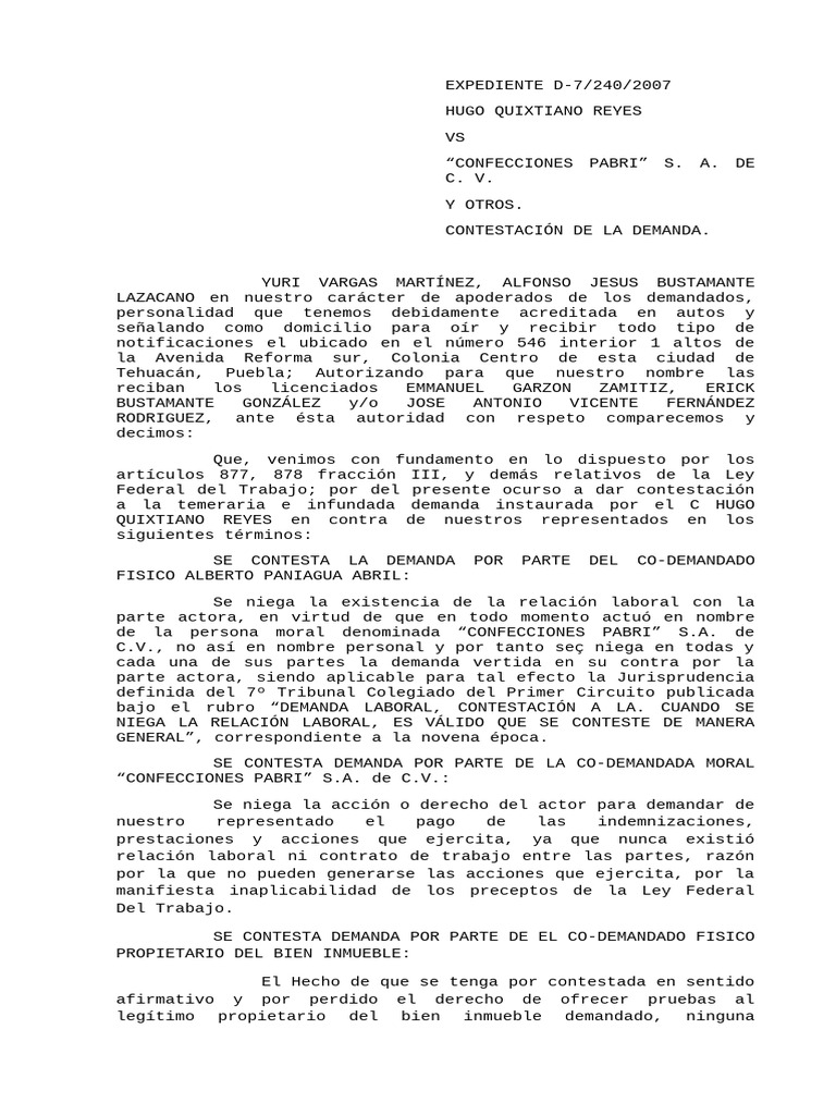 Contestacion Demanda Laboral Confecciones Pabri | PDF | Caso de ley ...