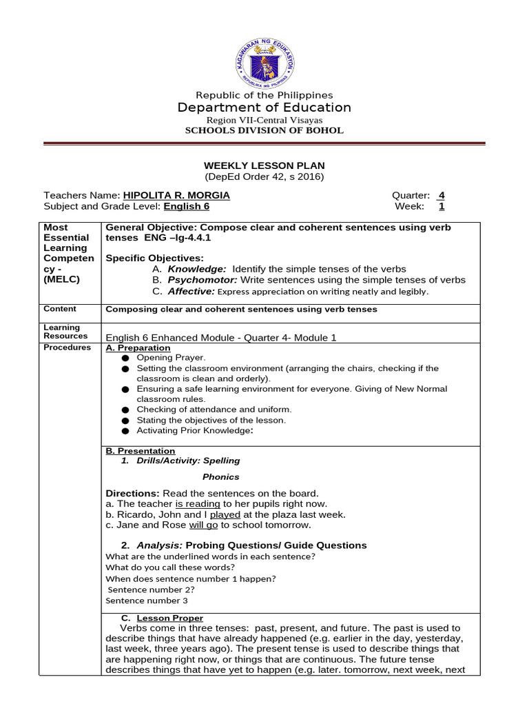Bohol English6 Q4 PLP wk1 | PDF | Grammatical Tense | English Language