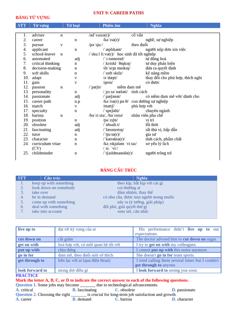 GV UNIT 9 TEST 1 | PDF | Skill | Employment