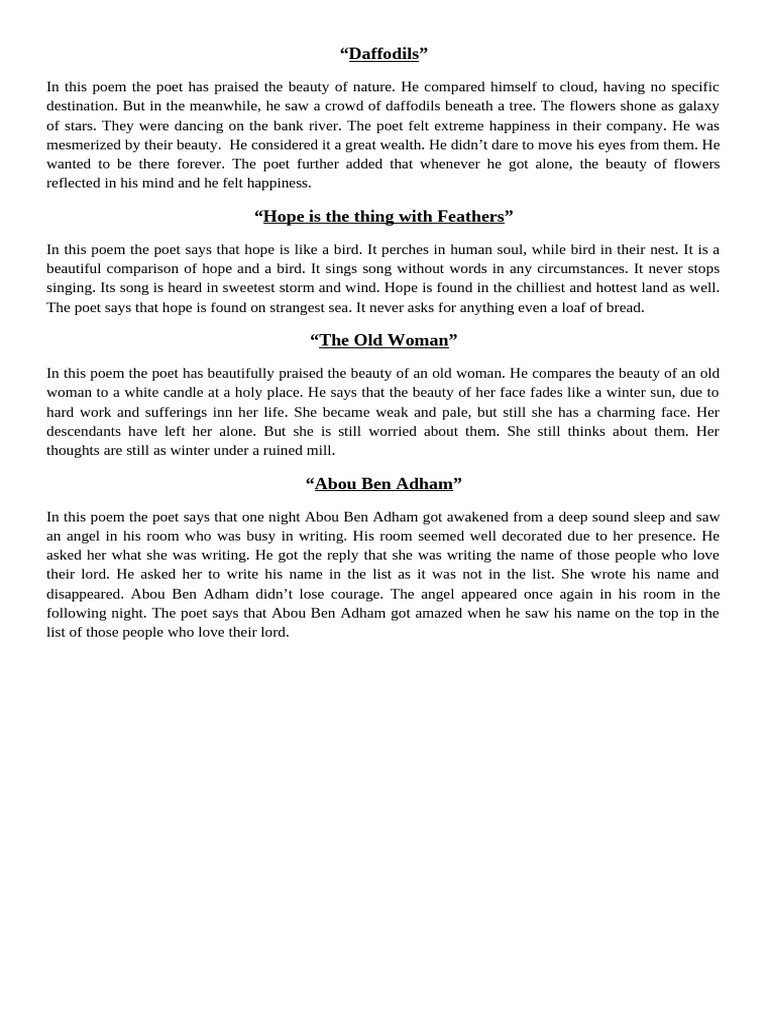 Summary of Poems Class 9th | PDF