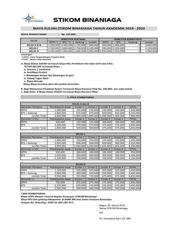 Biaya Kuliah Stikom Binaniaga Tahun Akademik 2019-2020 | PDF