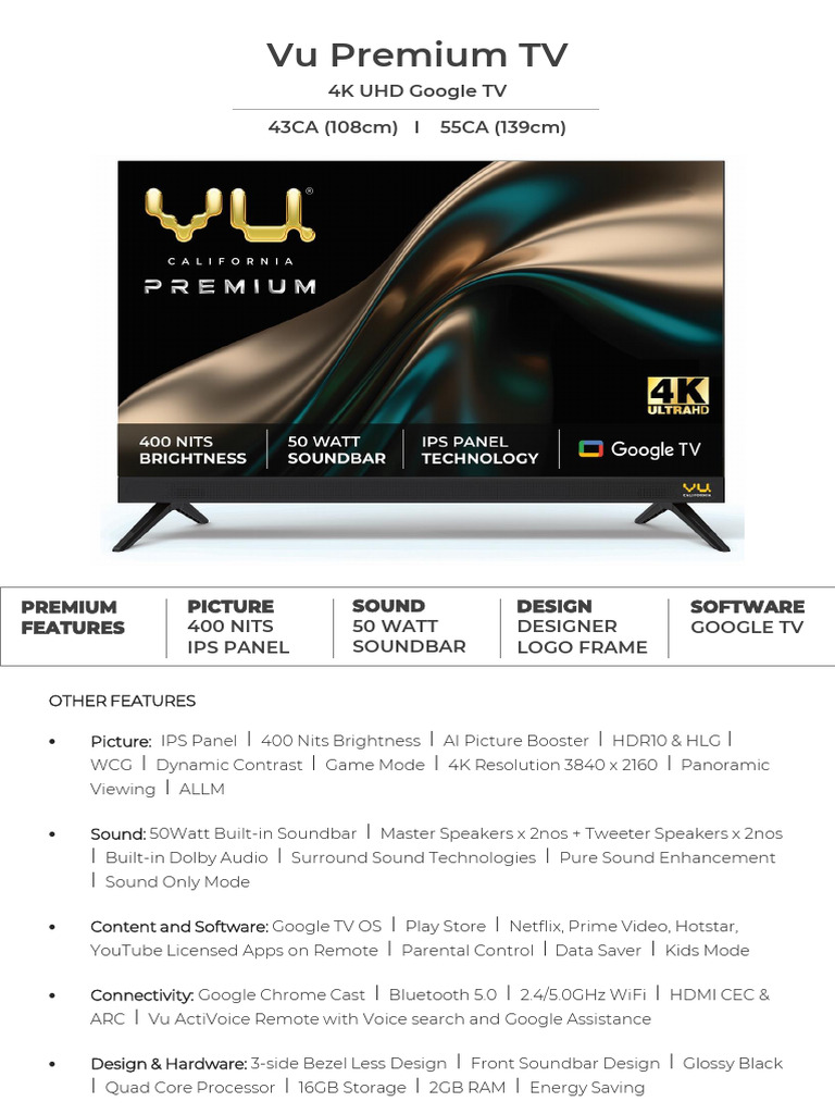 Vu Premium 4K TV - Specification - 43CA - 55CA - Google TV | PDF | Hdmi | Film And Video Technology