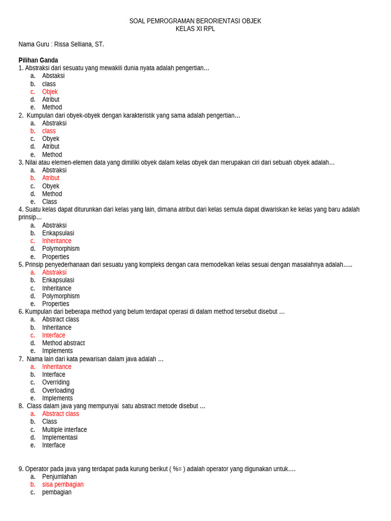 SOAL PBO Kelas XI RPL - Rissa Selliana | PDF