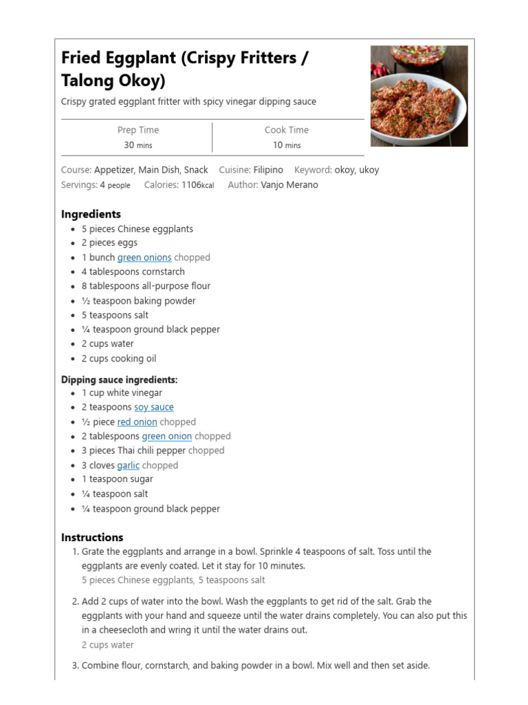 Fried Eggplant (Crispy Fritters _ Talong Okoy) | PDF | Food And Drink ...