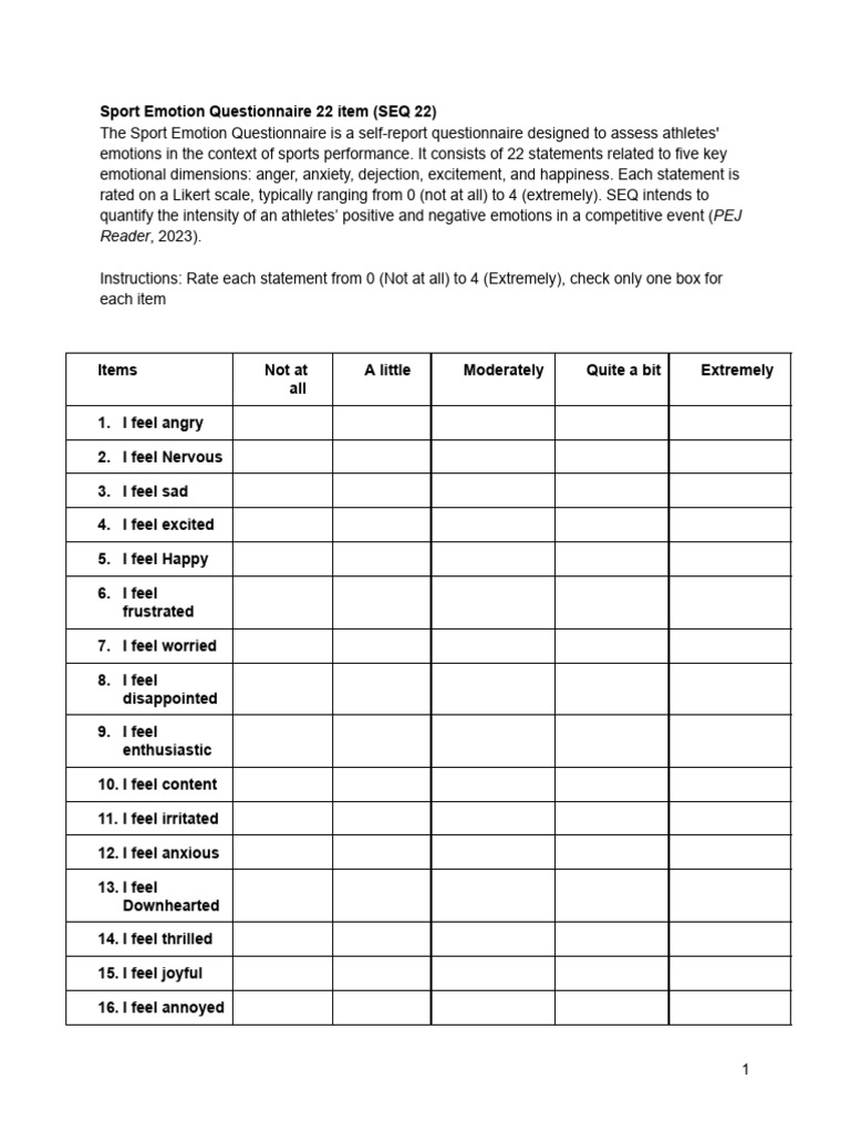 Sport Emotion Questionnaire (SEQ 22) | PDF