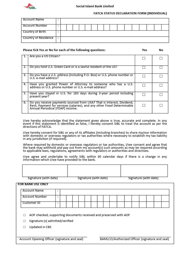 Fatca Declaration Form Sibl | PDF | Taxes | Payments