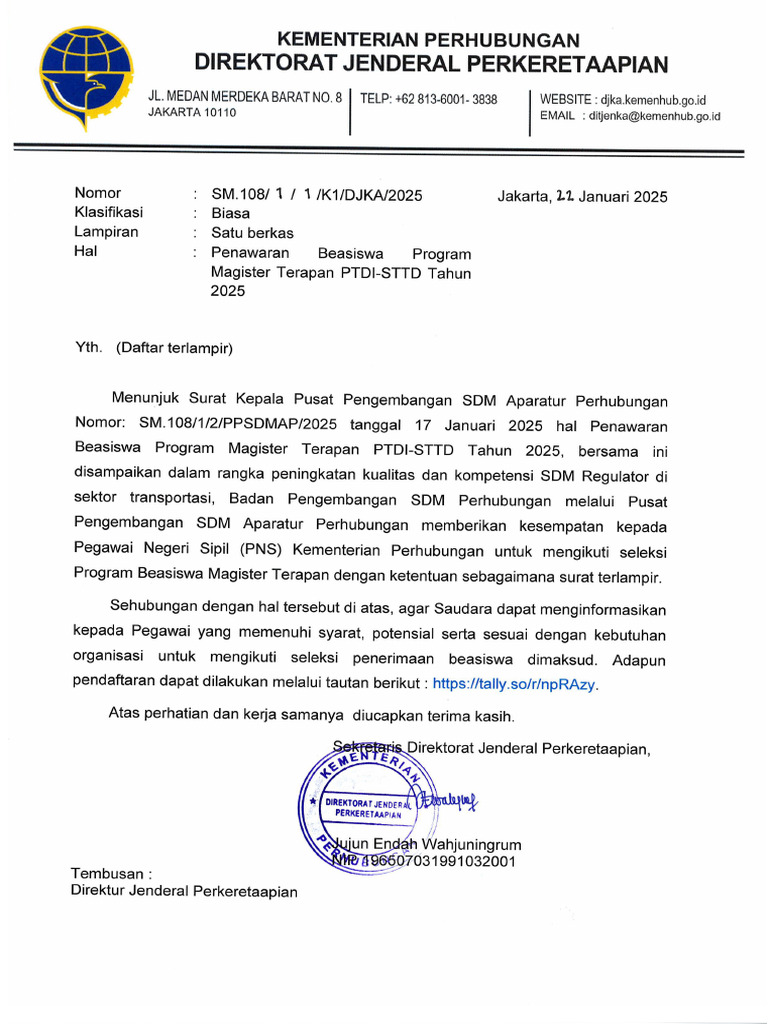 SM.108.1.1.K1.DJKA.2025 Penawaran Beasiswa Program Magister Terapan PTDI STTD Thn 2025_1 | PDF