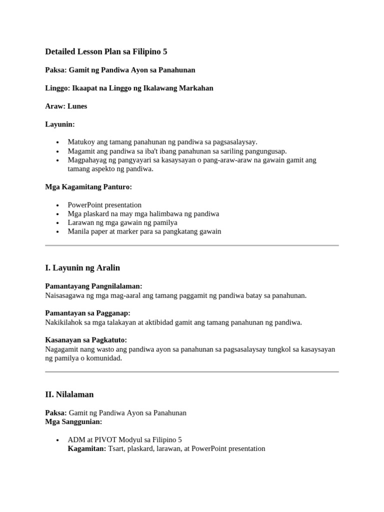 Detailed Lesson Plan Sa Filipino 5 October | PDF
