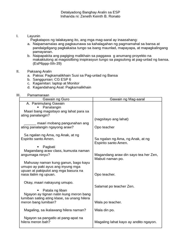Detalyadong Banghay Aralin Sa ESP | PDF