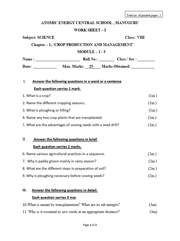 Crop Production and Management Worksheet | PDF