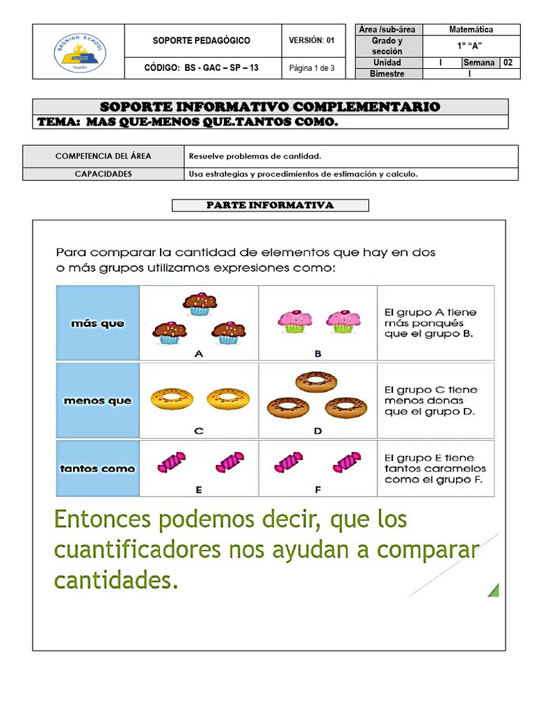 MATEMATICA- S2- mas que menos que 1A | PDF