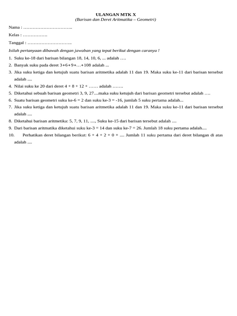 Ulangan MTK X | PDF