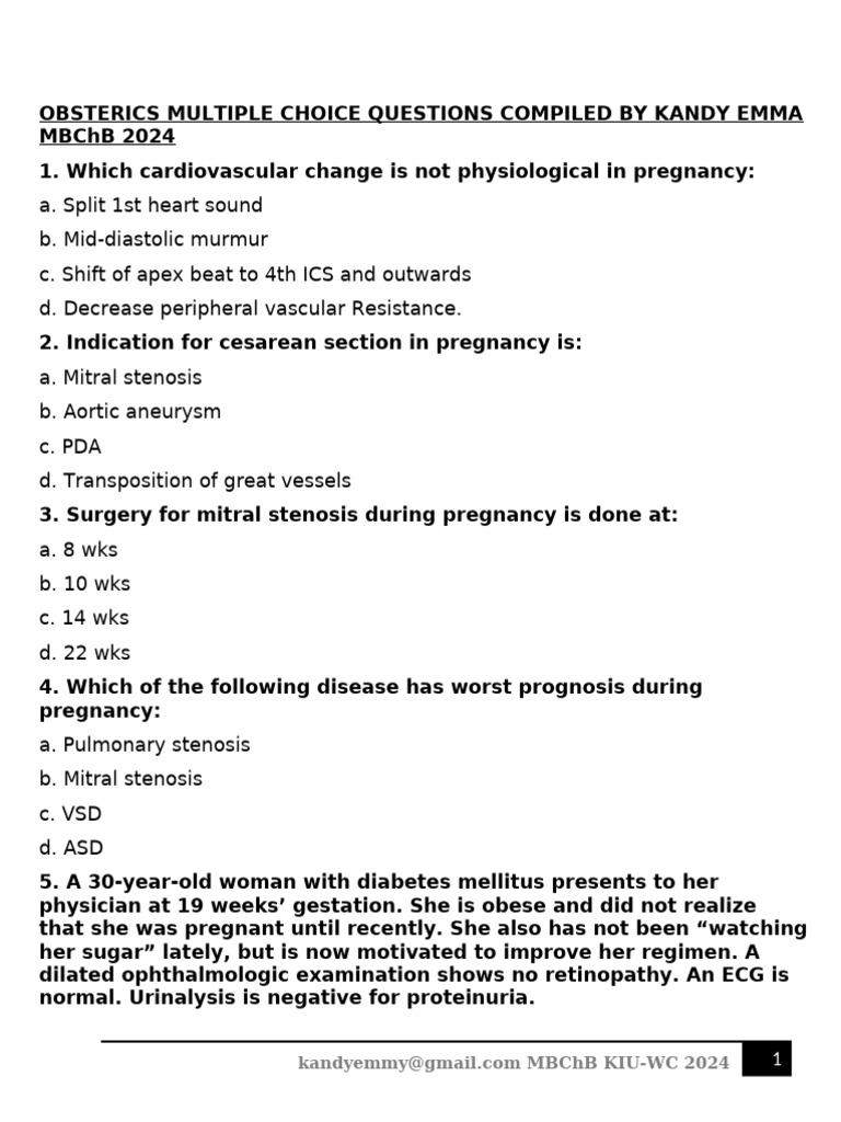 OBSTERICS MULTIPLE CHOICE QUESTIONS COMPILED BY KANDY EMMA MBChB 2024 ...