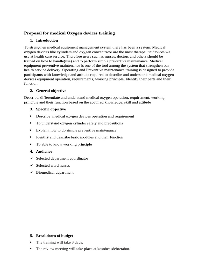 Medical Oxygen Devices Training Proposal | PDF