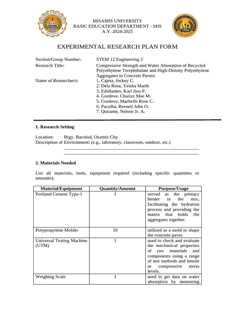 Experimental Research Plan Form | PDF | Concrete | Construction Aggregate