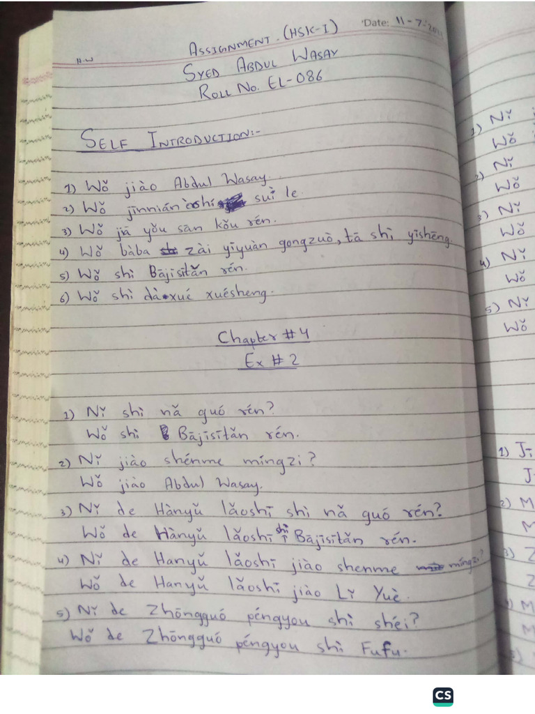 (HSK-I) Chinese Assignment Syed Abdul Wasay EL-086 | PDF