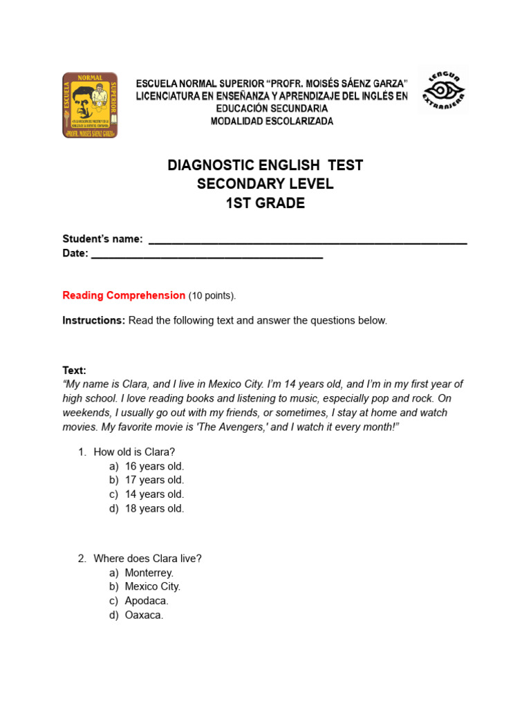 Diagnostic English Test for 1st Grade | PDF | Vocabulary | Grammar