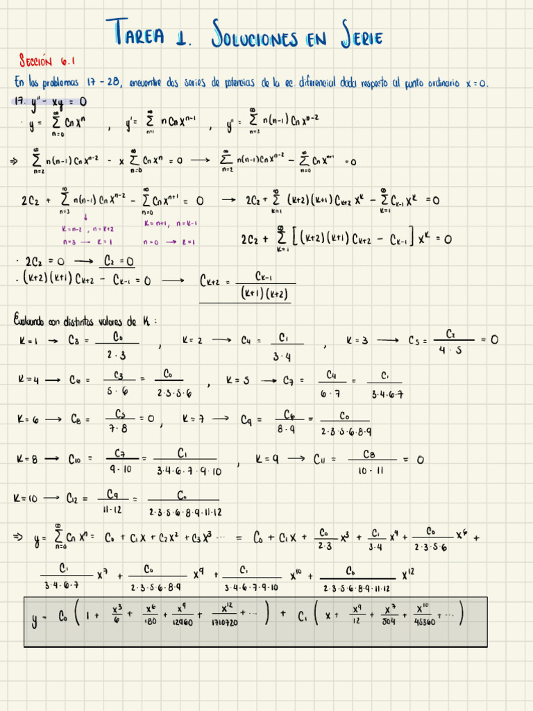 EDO. Tarea 1 - Soluciones en series de potencias | PDF