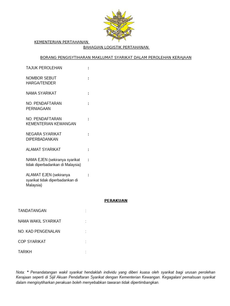 Borang Pengisytiharan Maklumat Syarikat Dalam Perolehan Kerajaan | PDF