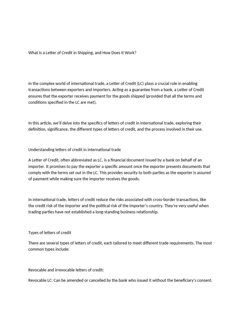 Understanding Letters of Credit in Trade | PDF | Letter Of Credit ...