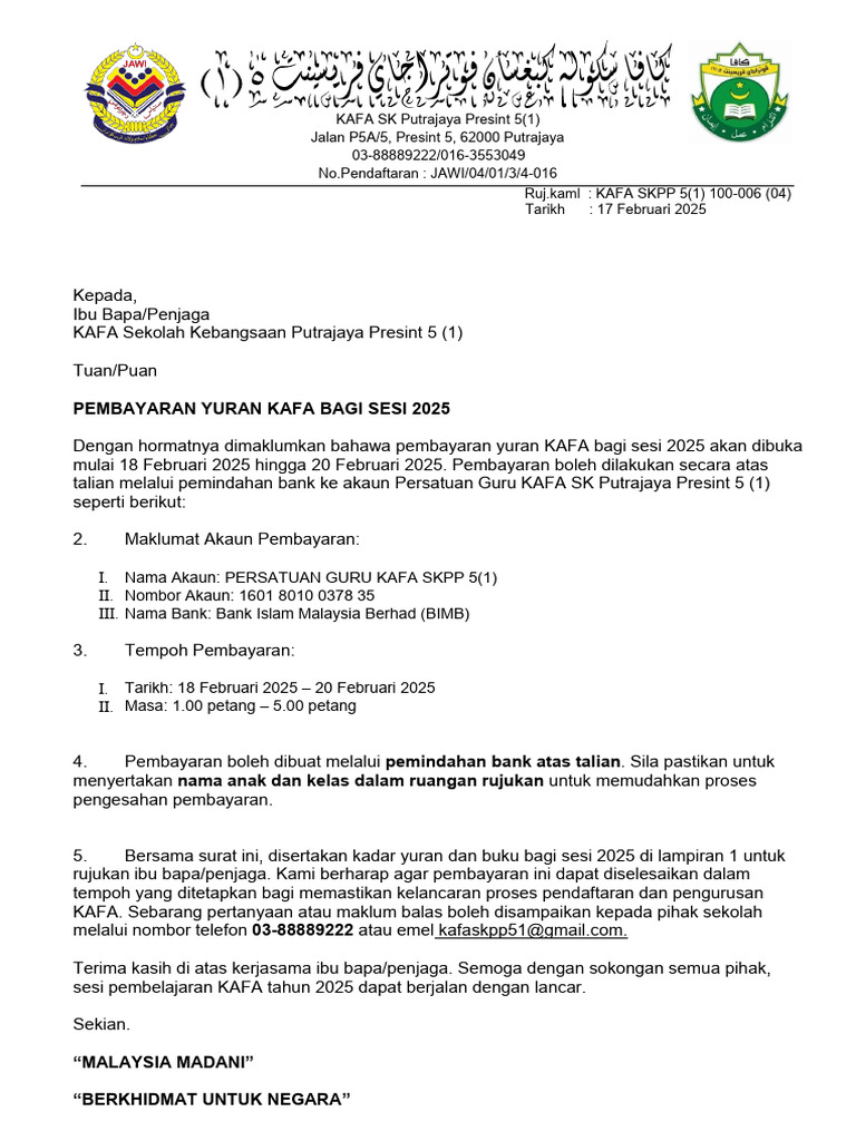 Pembayaran Yuran KAFA 2025 di SKPP 5(1) | PDF