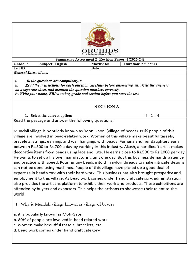 Gr5 - SA2 - 2 English Revision Paper - 24-25 | PDF | Verb | Adverb