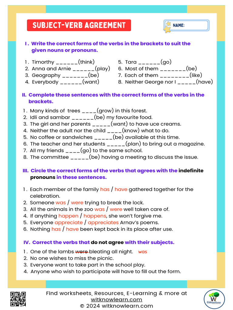 Subject-Verb Agreement Worksheets | PDF | Verb | Language Families