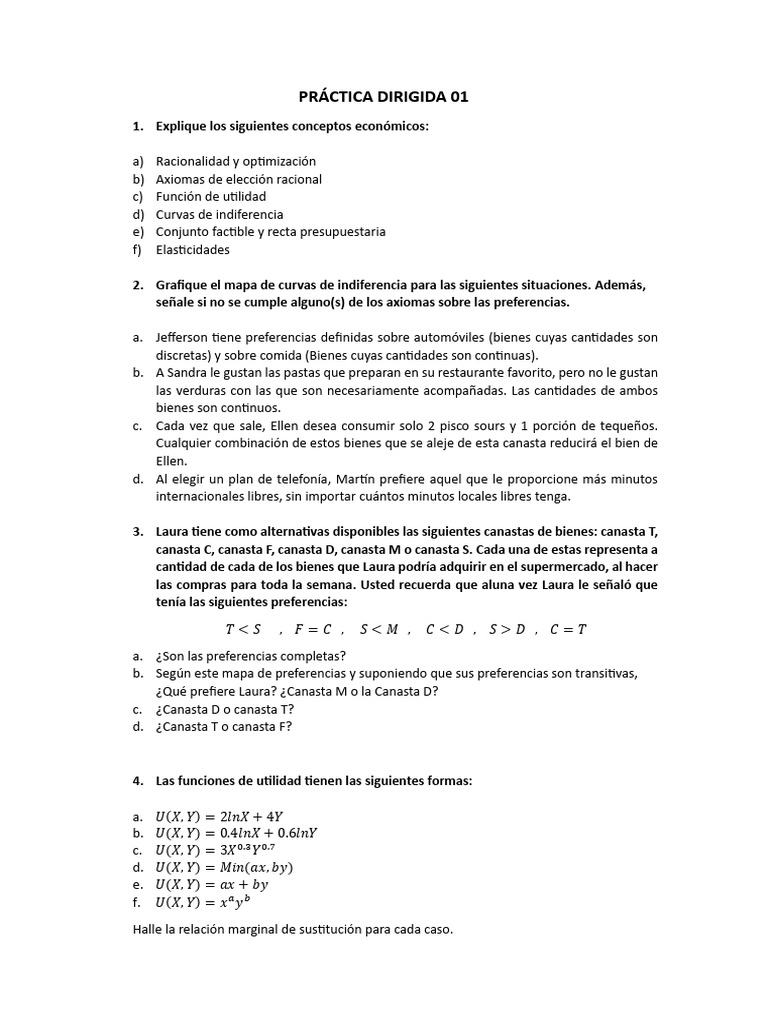 Práctica Dirigida 01 | PDF | Ciencias económicas | Microeconomía