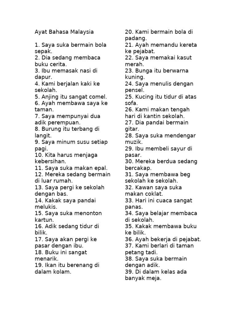 Ayat-ayat Bahasa Malaysia untuk Kanak-kanak | PDF