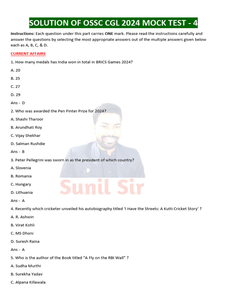 OSSC CGL 2024 Mock Test Solutions | PDF | World Wide Web | Internet & Web