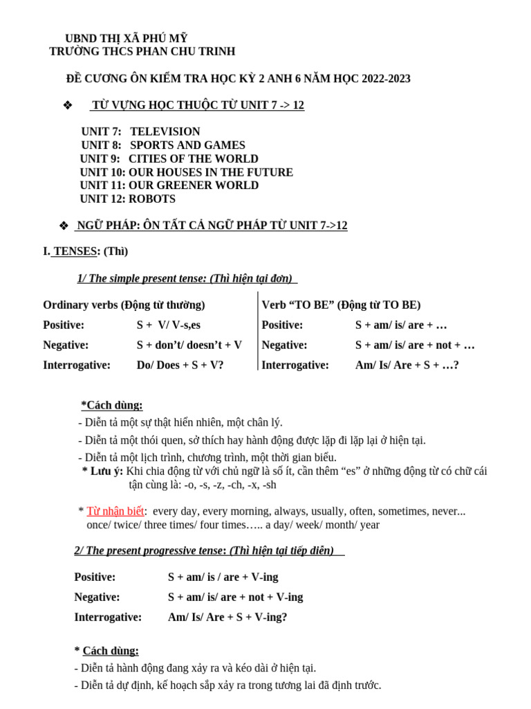 Đề Cương Ôn Kiểm Tra HK2 Anh 6-2022-2023 (PCT) | PDF