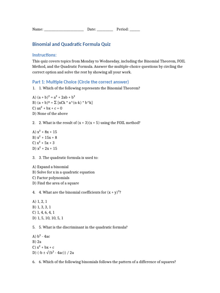 Binomial Quadratic Quiz Friday | PDF | Quadratic Equation | Factorization