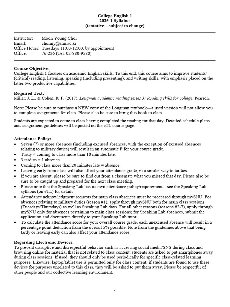 25-1 College English 1 Syllabus (Draft Version) - 2 | PDF | Academic ...