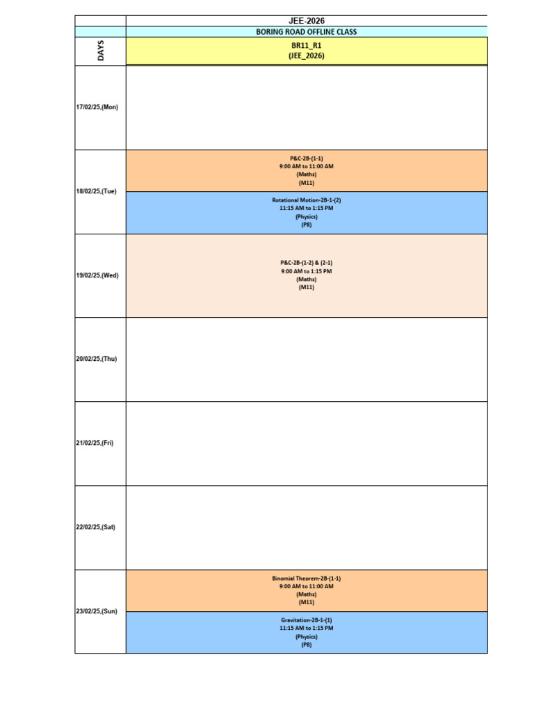 Boring Road Offline Class BR11 - R1 (JEE - 2026) | PDF