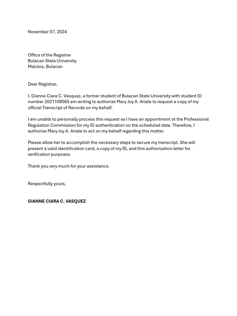 Authorization Letter for TOR Request | PDF