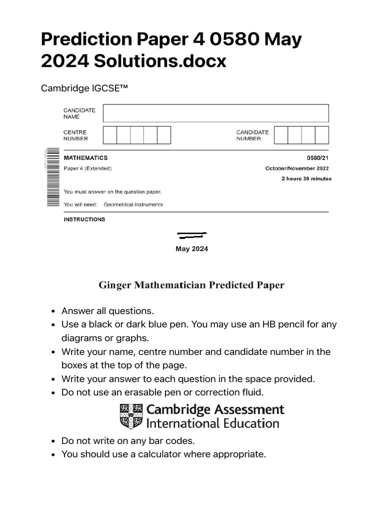 Prediction Paper 4 0580 May 2024 Solutions | PDF | Sphere | Area