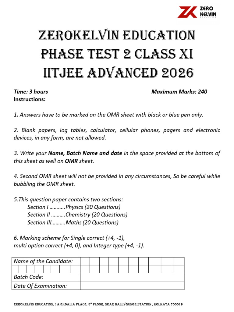 Class XI Phase Test 2 Paper JEE | PDF | Gases | Physical Chemistry